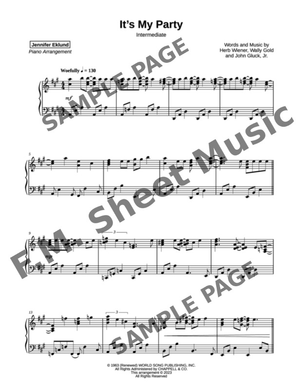 It's My Party (Intermediate Piano) By Lesley Gore - F.M. Sheet Music - Pop Arrangements by ...